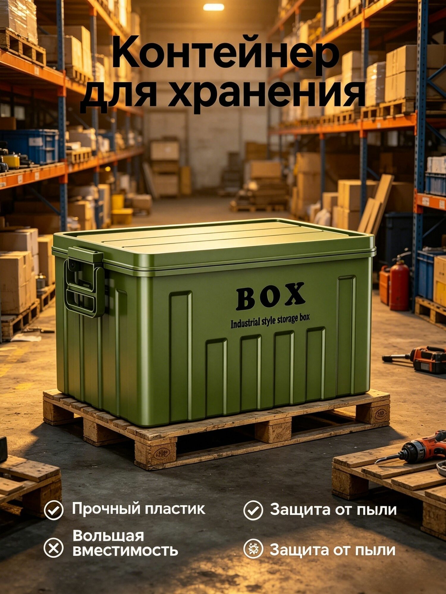 Контейнер для хранения вещей длина 46.5 см, ширина 33.5 см, высота 26.5 см, 1 шт, abs пластик, зеленый