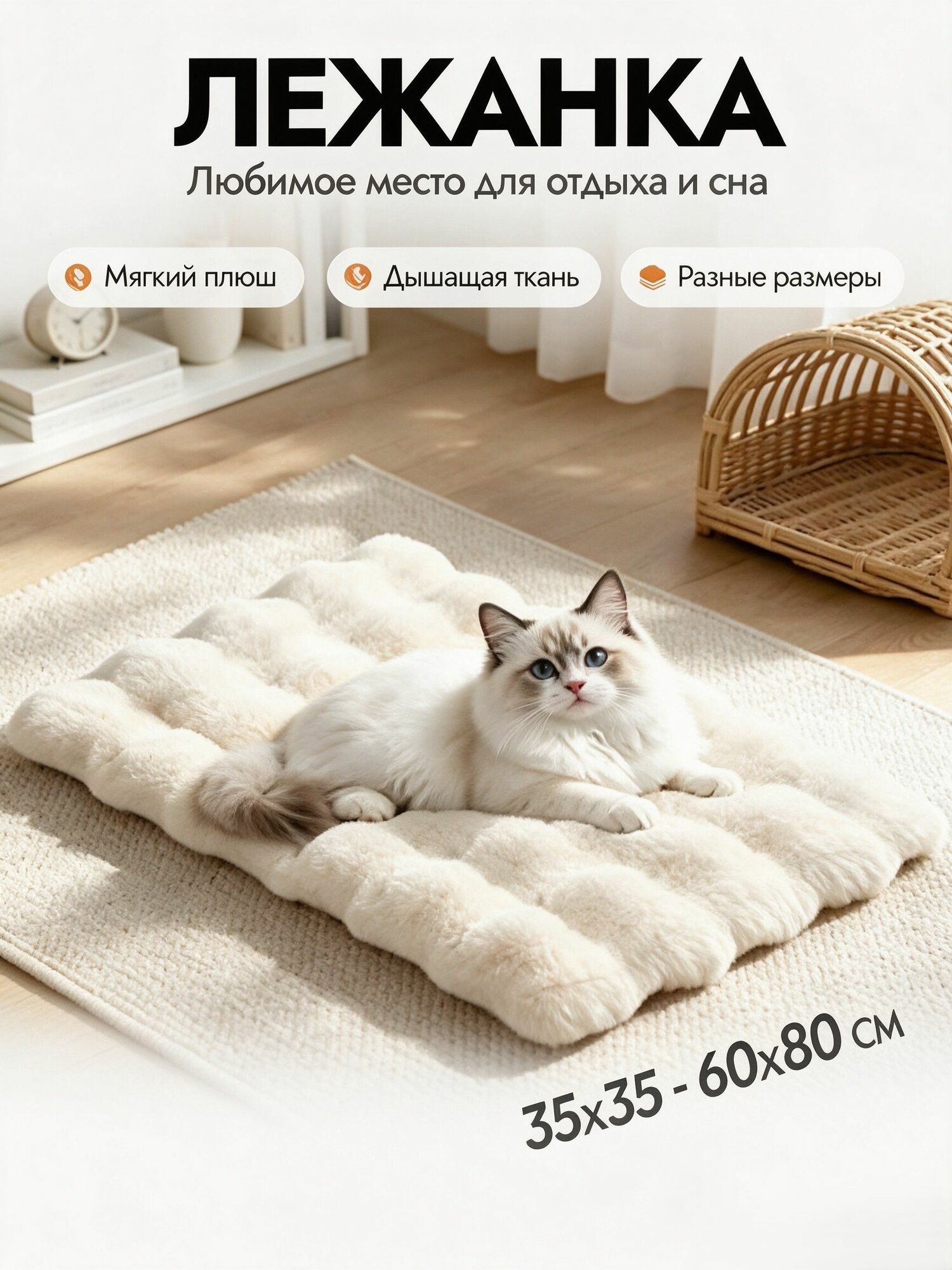 Лежанка для кошек и собак из плюша с нескользящим дном, 40х60 см, бежевый, до 7,5 кг, теплое покрытие