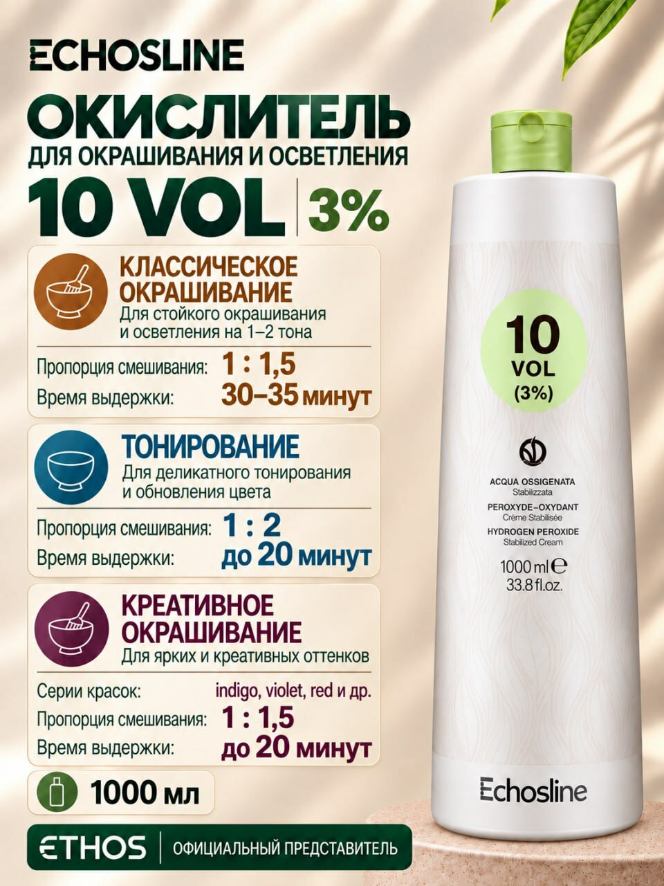 Оксид для волос 3% (10 VOLUME) 1000 мл Окислительная эмульсия OXY ECHOS LINE для красителей ECHOS COLOR и CHARCOAL, осветляющих средств