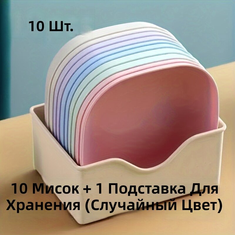 Комплект из 10 пластиковых мисок для кошек с подставкой, компактные нескользящие миски для еды и воды, подходят для котят и коротколапых пород, случайный цвет