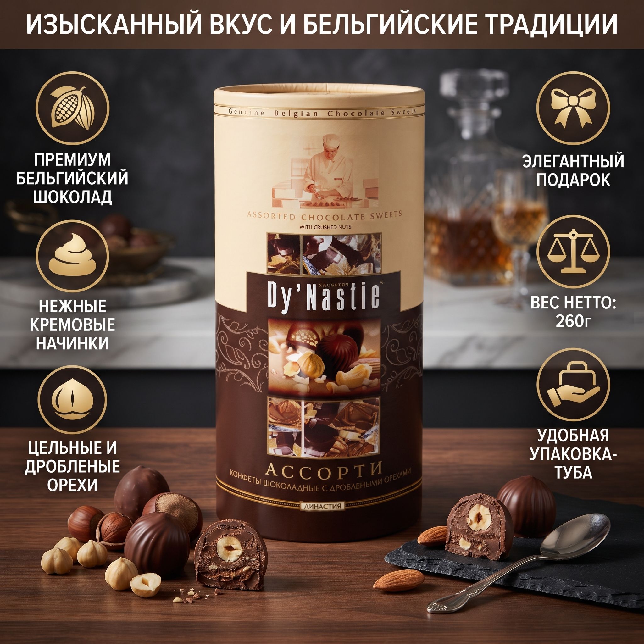 Конфеты Dy Nastie шоколадные "Ассорти с дроблёными орехами" /туба/ 260г