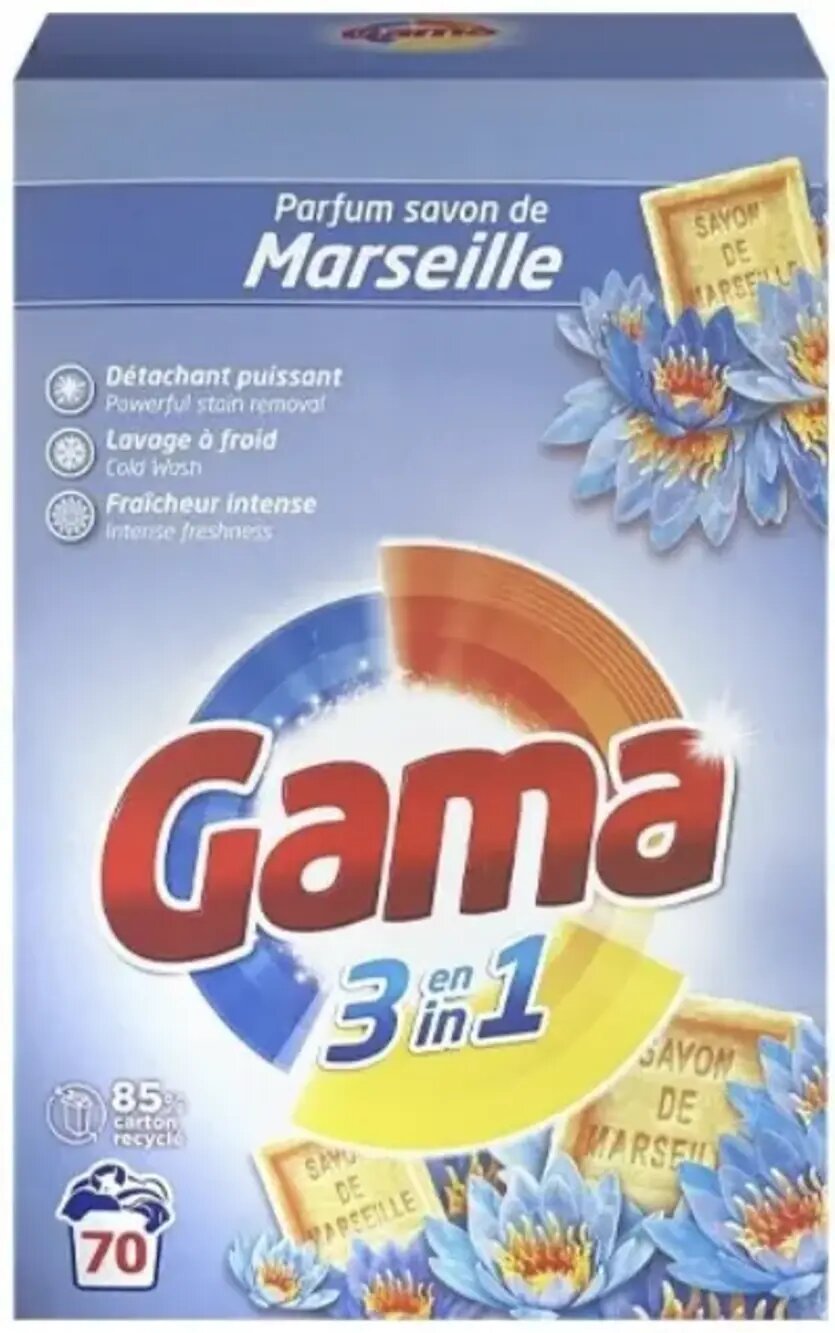 Стиральный порошок Gama 3 in 1 Marseille 3.85кг (универсальный, ручная, машинная стирка, с марсельским мылом)