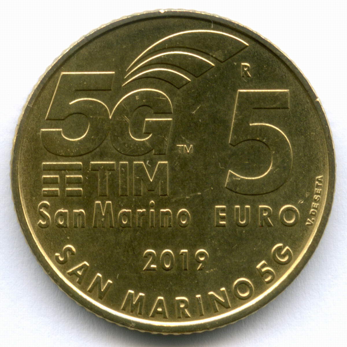 5 евро 2019 год. Сан-Марино. Связь - 5G. Медь-Алюминий-Никель UNC. Тираж 15000