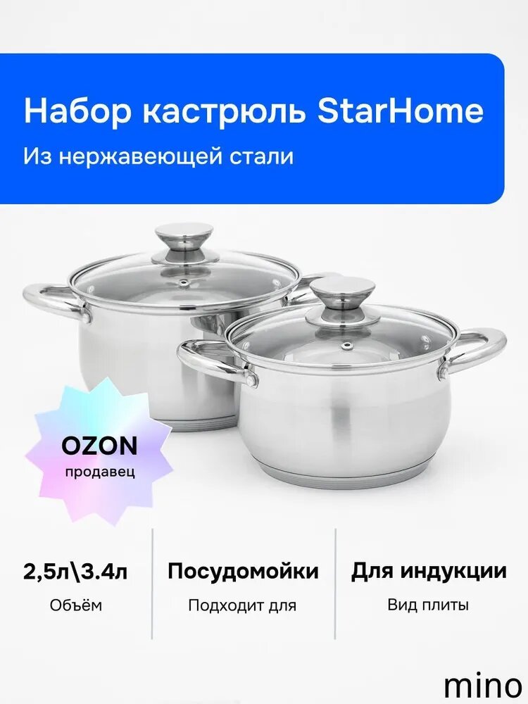 Кастрюля 22 см 2,5 л, 3,4 л с крышкой 4 шт нержавеющая сталь
