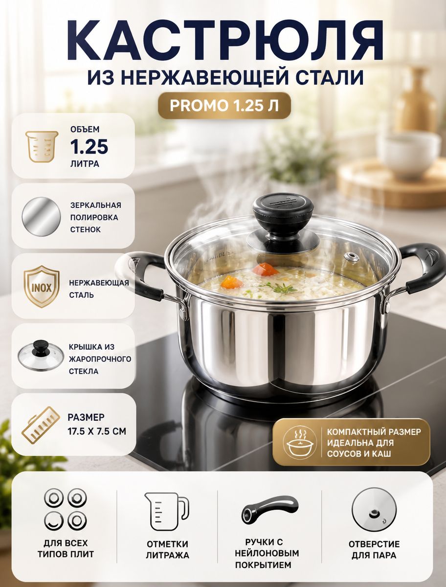 Кастрюля из нержавеющей стали с крышкой Promo 1,25 л для всех типов плит