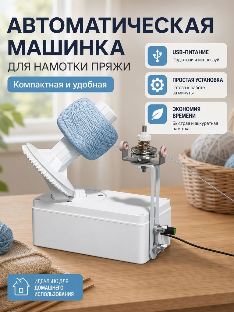 Электрическая моталка для пряжи белая с бесступенчатой регулировкой скорости, Вес мотка до 200 г, Автоматическая намотка