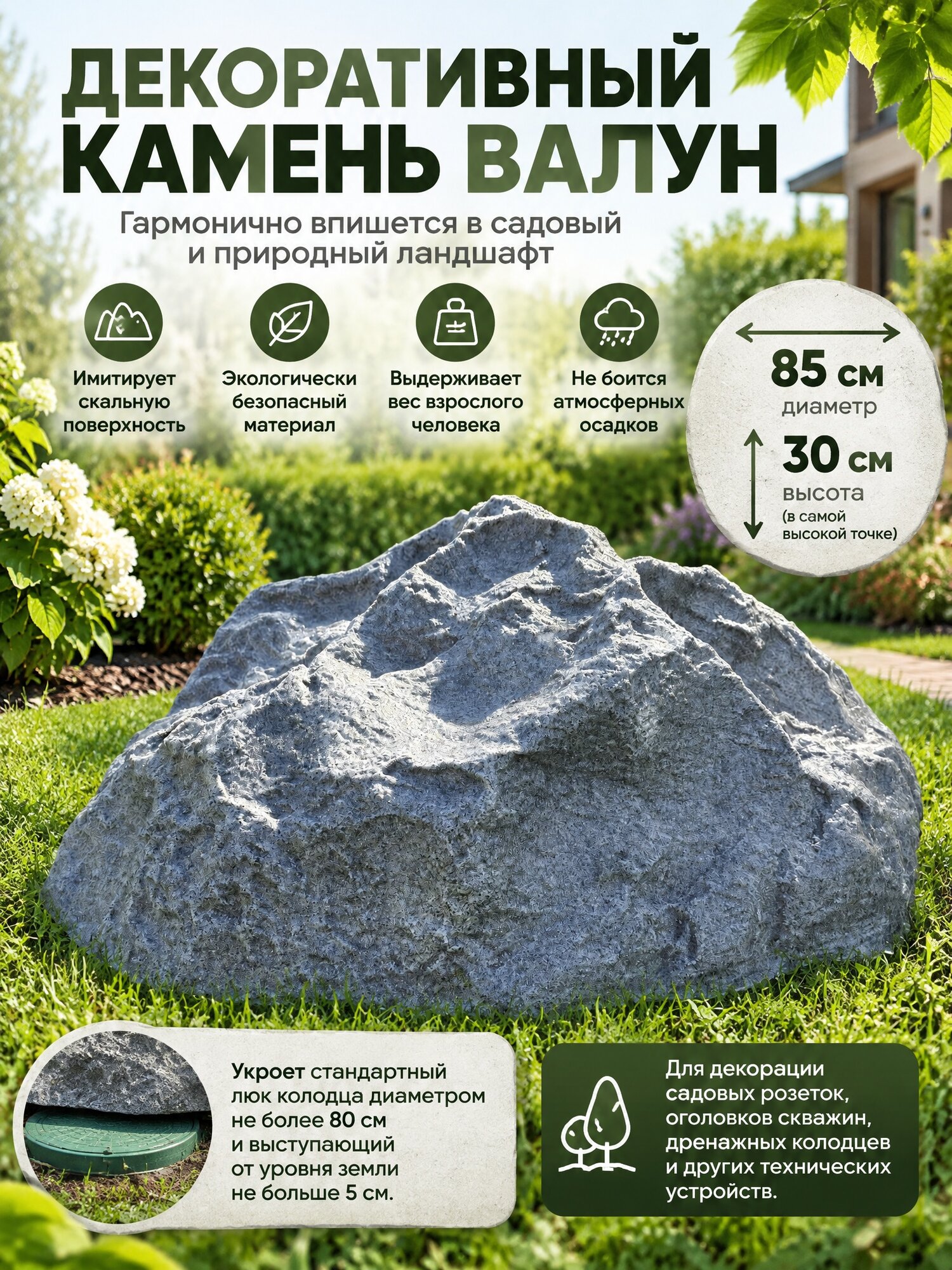 Декоративный камень "Валун76", для крышки люка, диаметр 85см, серый