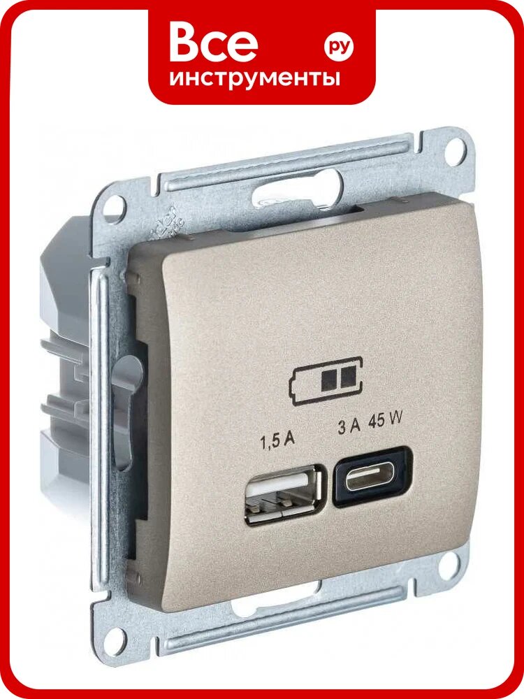 Розетка USB Systeme Electric GLOSSA A + тип-C 45W высокоскор. заряд. QC, PD, механизм, титан GSL000429