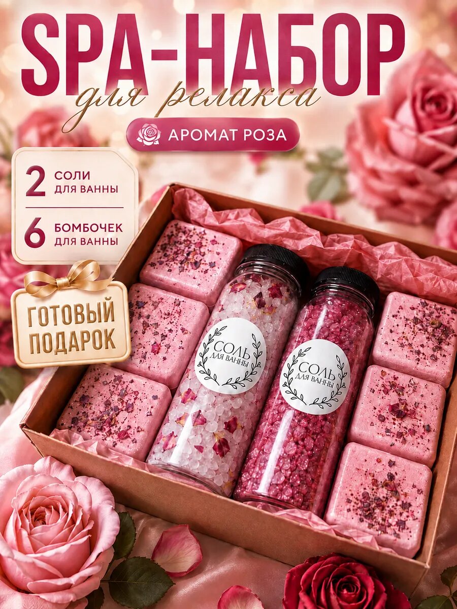 Подарочный спа набор для ванны Роза соль и бомбочки