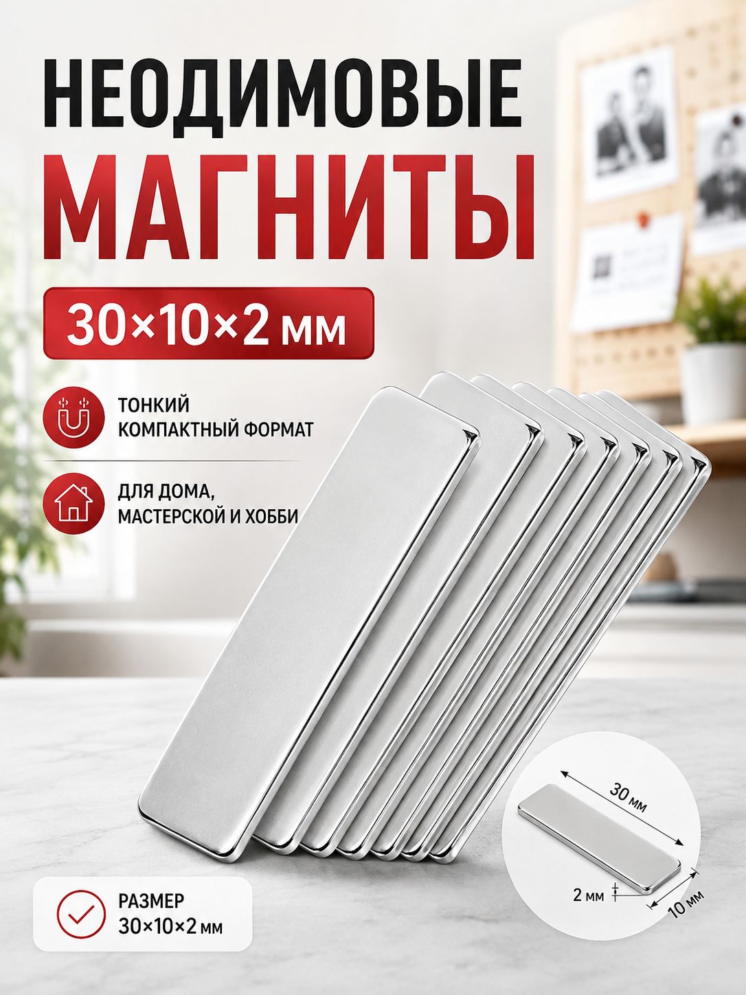 Магнит прямоугольный 30х10х2 N52 мощный, сильный набор 8 штуки