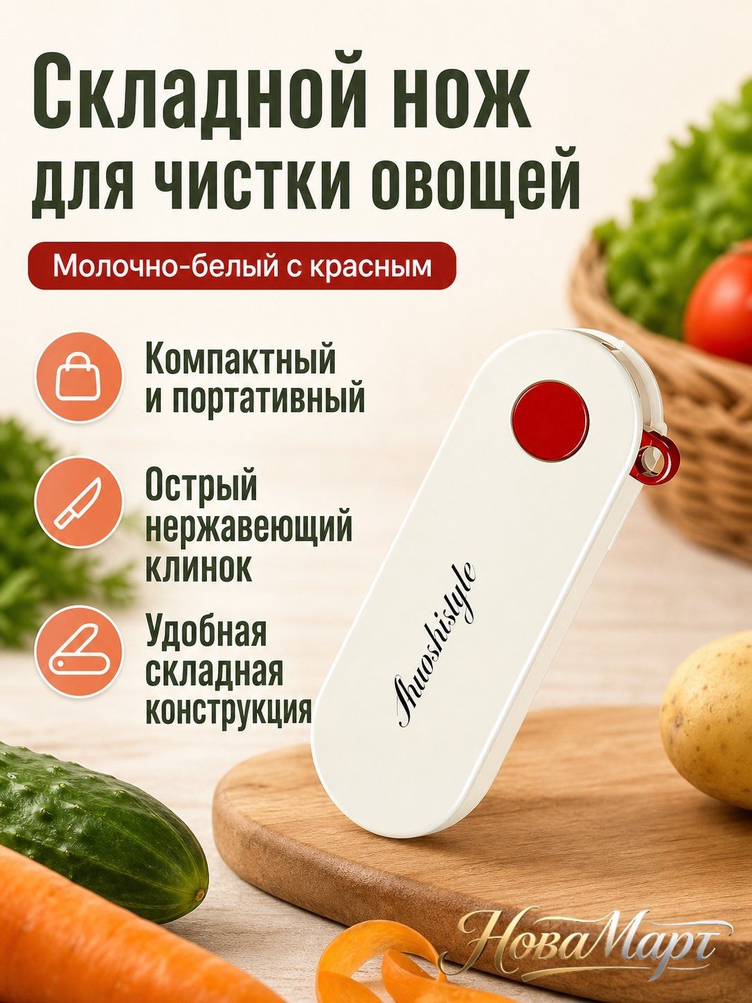 Овощечистка складная из нержавеющей стали с ABS-ручкой, бежево-красная