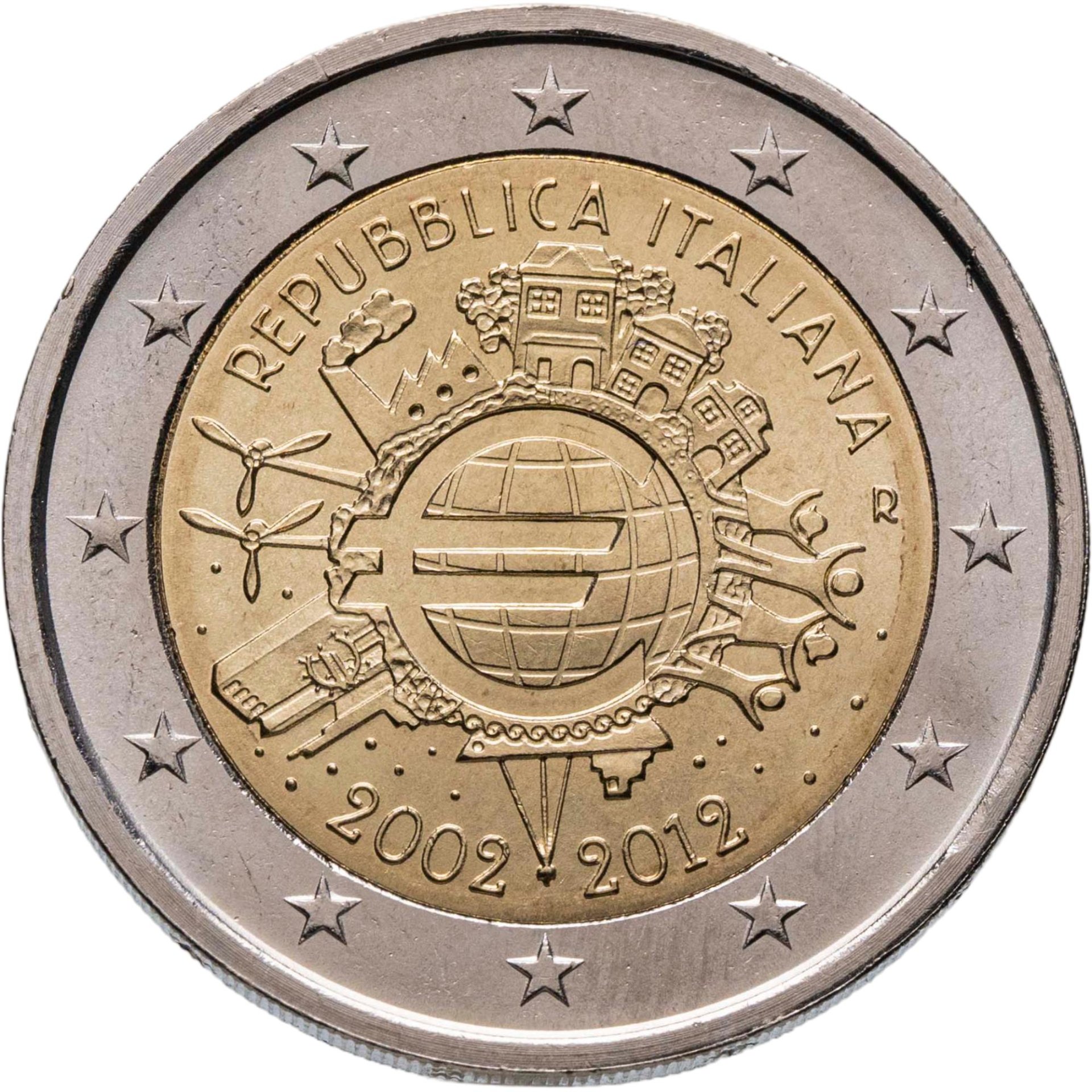 Италия 2 евро euro 2012 R "10 лет наличному обращению евро", Биметалл, в сохранности UNC