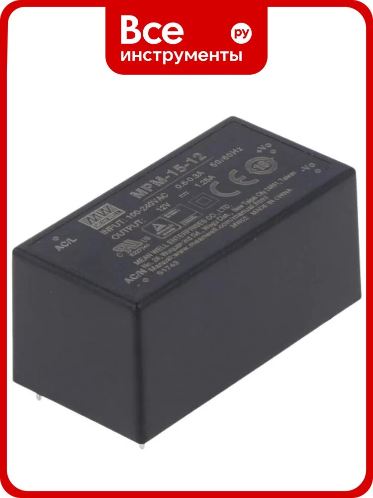 Блок питания в корпусе Mean Well MPM-15-12 на печатную плату, изолированный, ЭМС по классу B, для медицинских устройств EN60601-1 (2xMOPP), AC/DC 15 Вт 12 В, 2735006