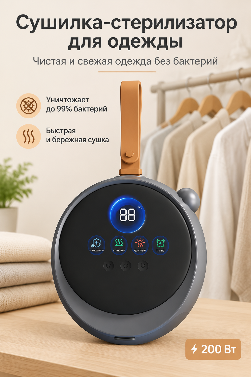 Портативная бытовая сушилка-стерилизатор для одежды, 200 Вт, серый
