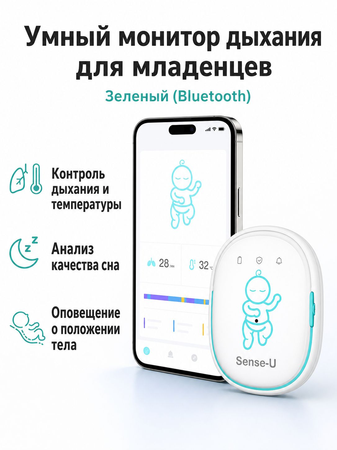 Умный дыхательный монитор для новорожденных Sense-U, Pro зеленый, Bluetooth 10 15 м, для одного смартфона