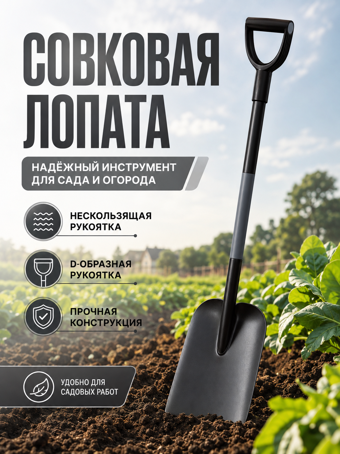 Лопата садовая вместительная, противоскользящая D-ручка, стандартный размер, подходит для копки, погрузки грунта