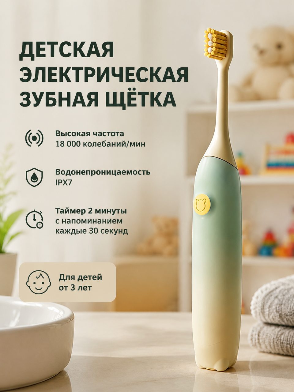 Kids 3+ Детская электрическая зубная щетка, и 4 шт сменные насадкильные насадки Kids 4 шт