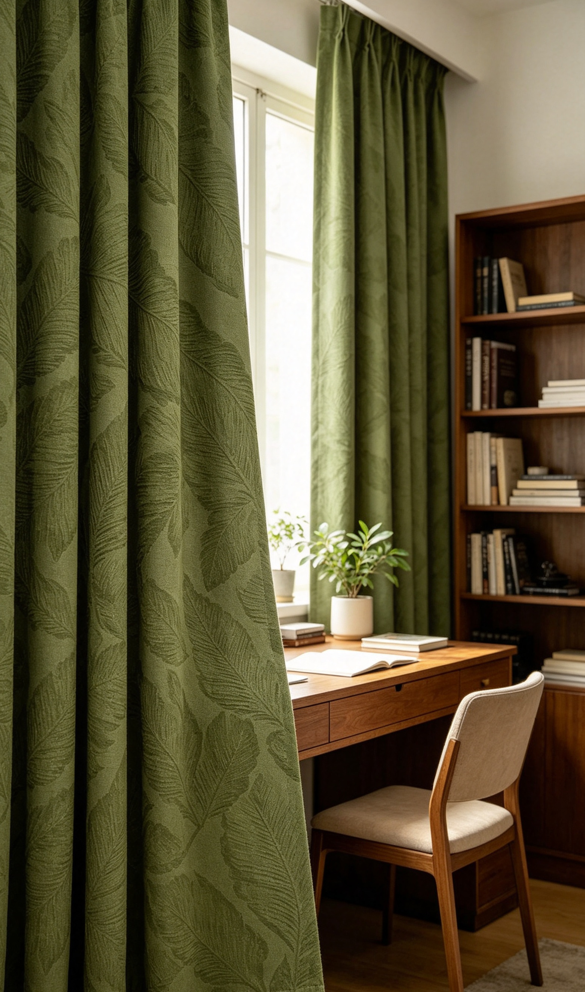 Бархатные шторы Black Ant оливково-зелёного цвета, Leaf Pattern, W200CM X H260CM(1PC), Grommet Top(Ring)