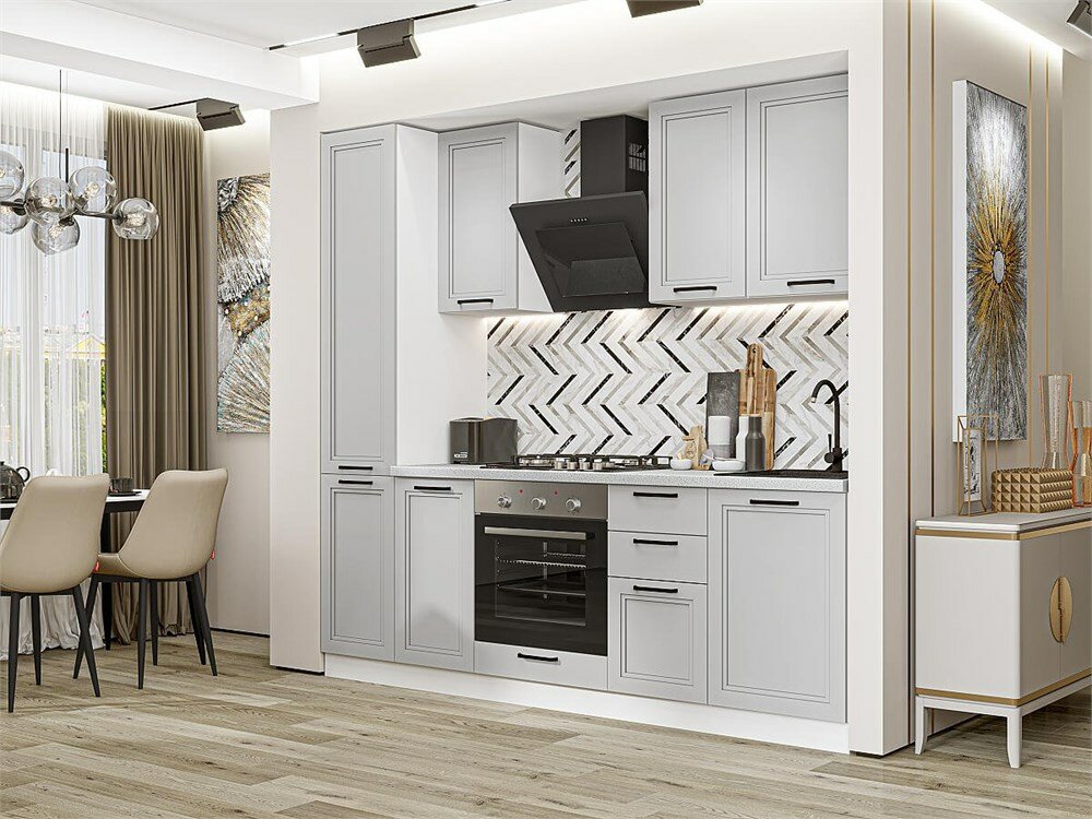 VVT Кухонный гарнитур модульный Нео-02 В*Ш*Г 2140*2300*600, фасад МДФ Grey Silk, корпус Белый, столешница Антарес Grey Silk