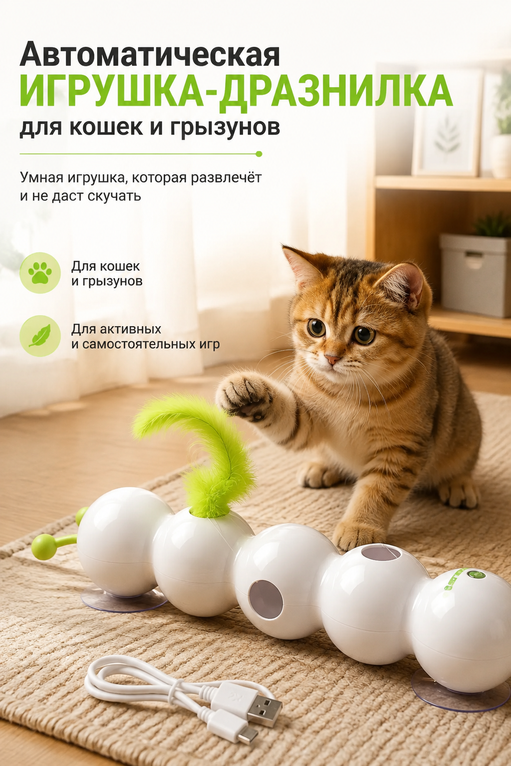 Автоматическая интерактивная игрушка-дразнилка для кошек и грызунов с сенсором, USB, 40 см