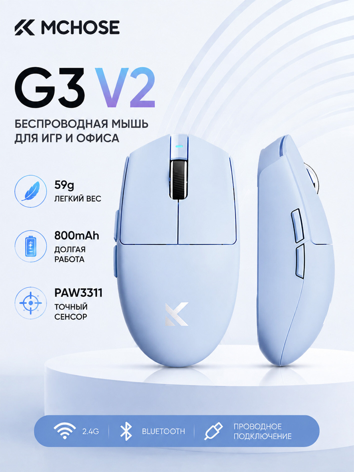 Мышь MCHOSE G3 V2 беспроводная, игровая и офисная, трехрежимная (проводной / 2,4G / Bluetooth), эргономичная, сверхлёгкая вес около 59 г, перезаряжаемая
