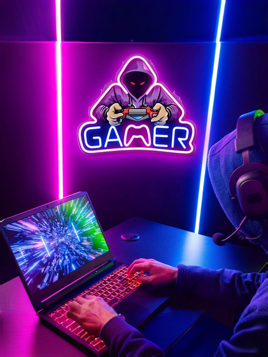 Двухцветная светодиодная неоновая вывеска Gamer с выключателем, USB питание, настенный декор размером 37х31 см для игровой комнаты, рабочего стола геймера и молодежной комнаты