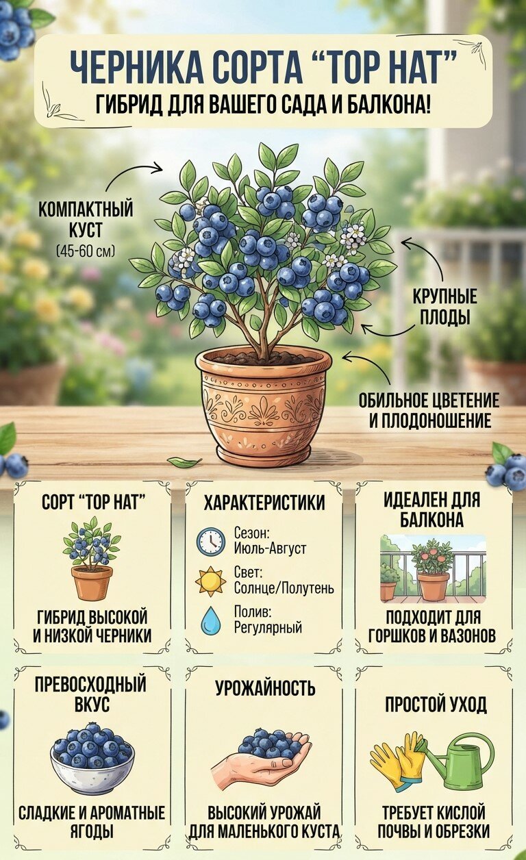 Черника Top Hat — ягодный многолетний низкорослый кустарник с хорошей урожайностью