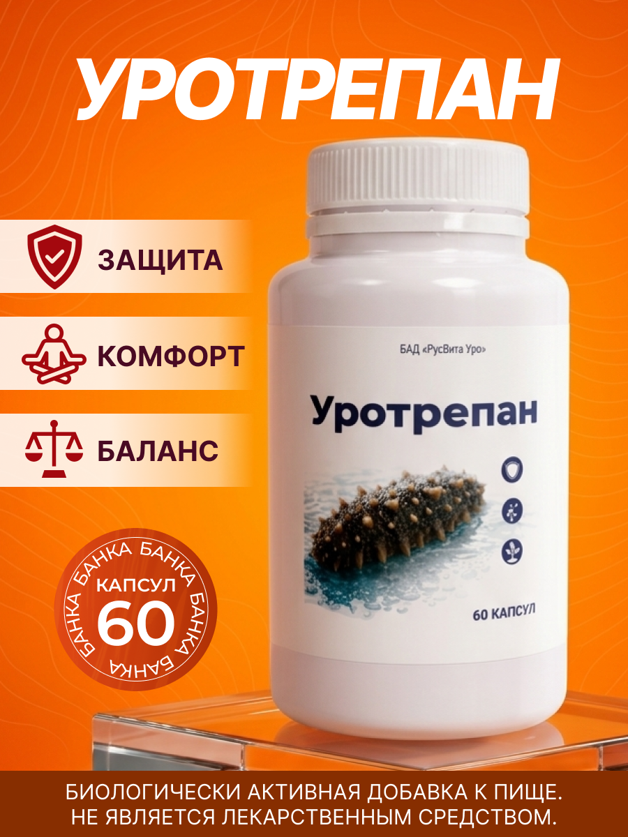 БАД Русвита Уро Уротрепан: Поддержка мочеполовой системы и внутреннего комфорта, банка 60 капсул