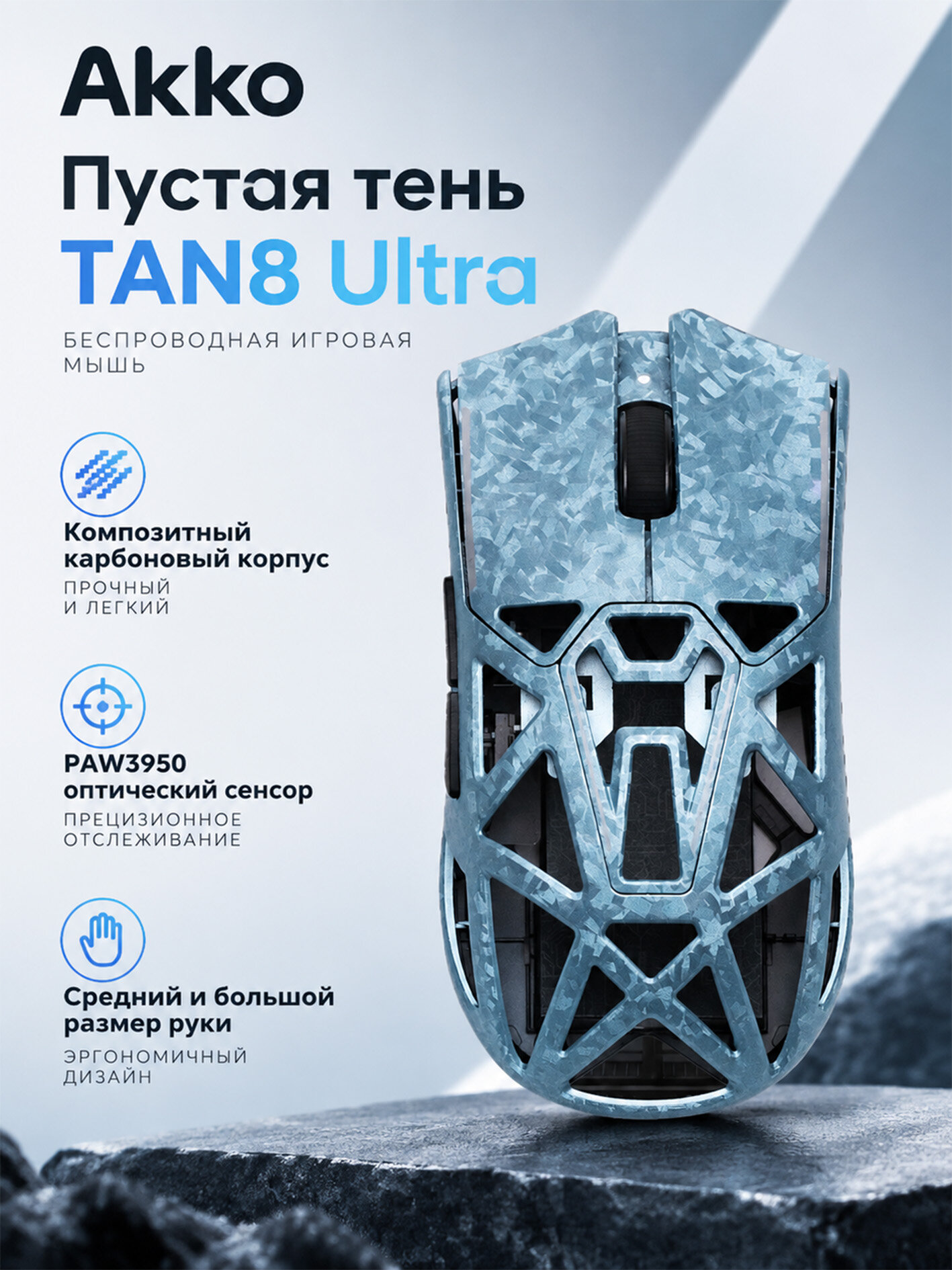 Беспроводная игровая мышь AKKO TAN8 Ultra Пустая тень , три режима, композитное углеродное волокно, 49 г, PAW3955