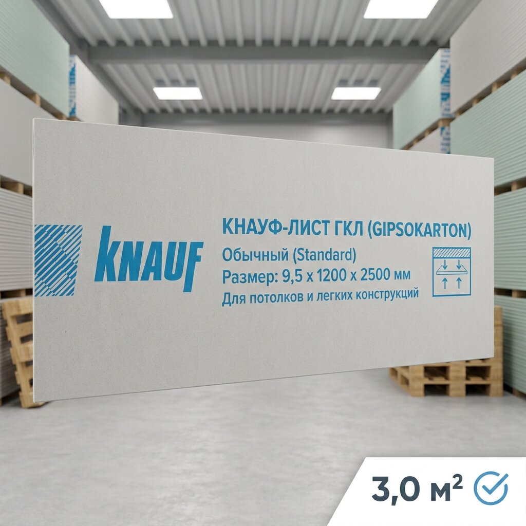 Гипсокартон влагостойкий КНАУФ ГКЛВ 12,5х1200х2500 мм (Knauf, 1лист - 3м2)