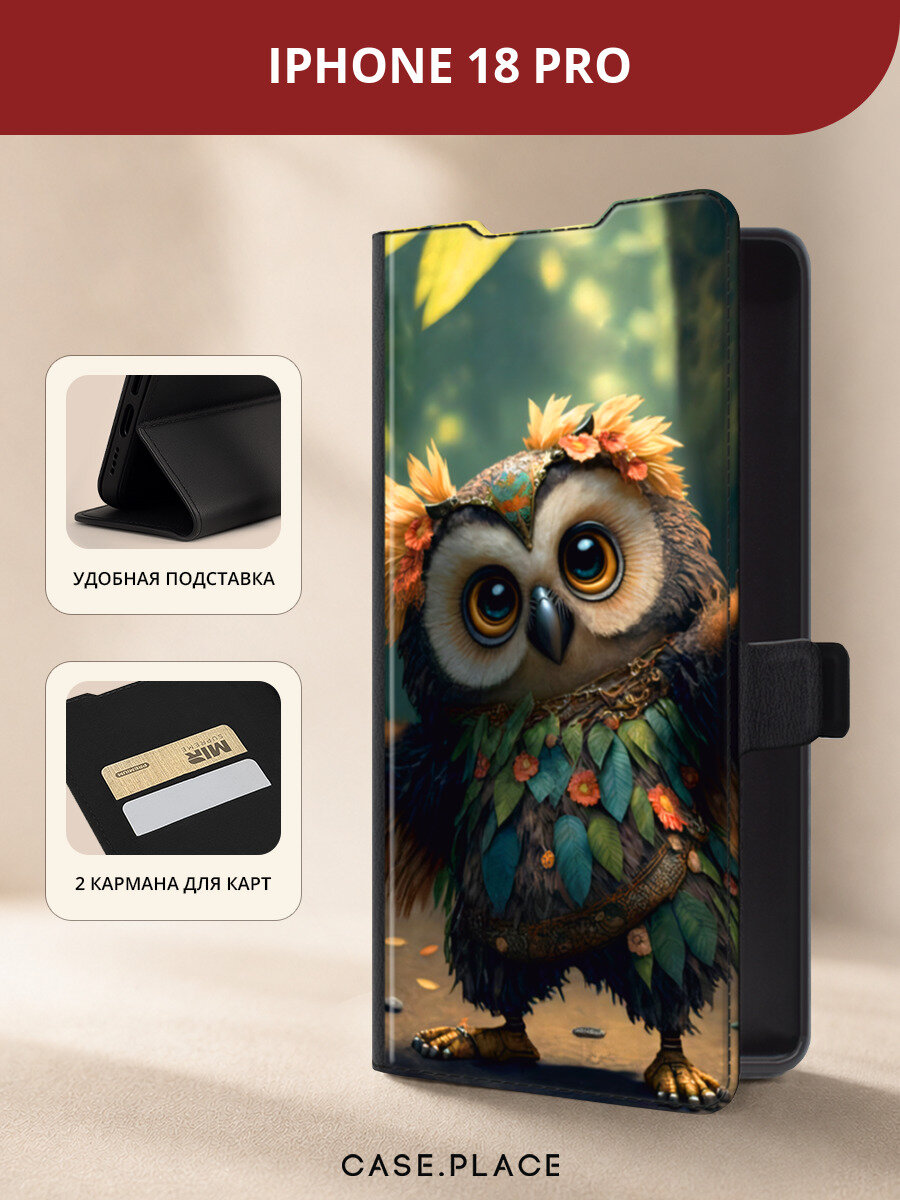 Чехол-книжка на iPhone 18 Pro / Айфон 18 Про с принтом Тропическая сова, черный