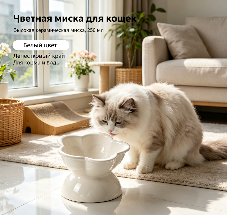 Керамическая миска для кошек в форме цветка на подставке, защита шеи, устойчивая к опрокидыванию