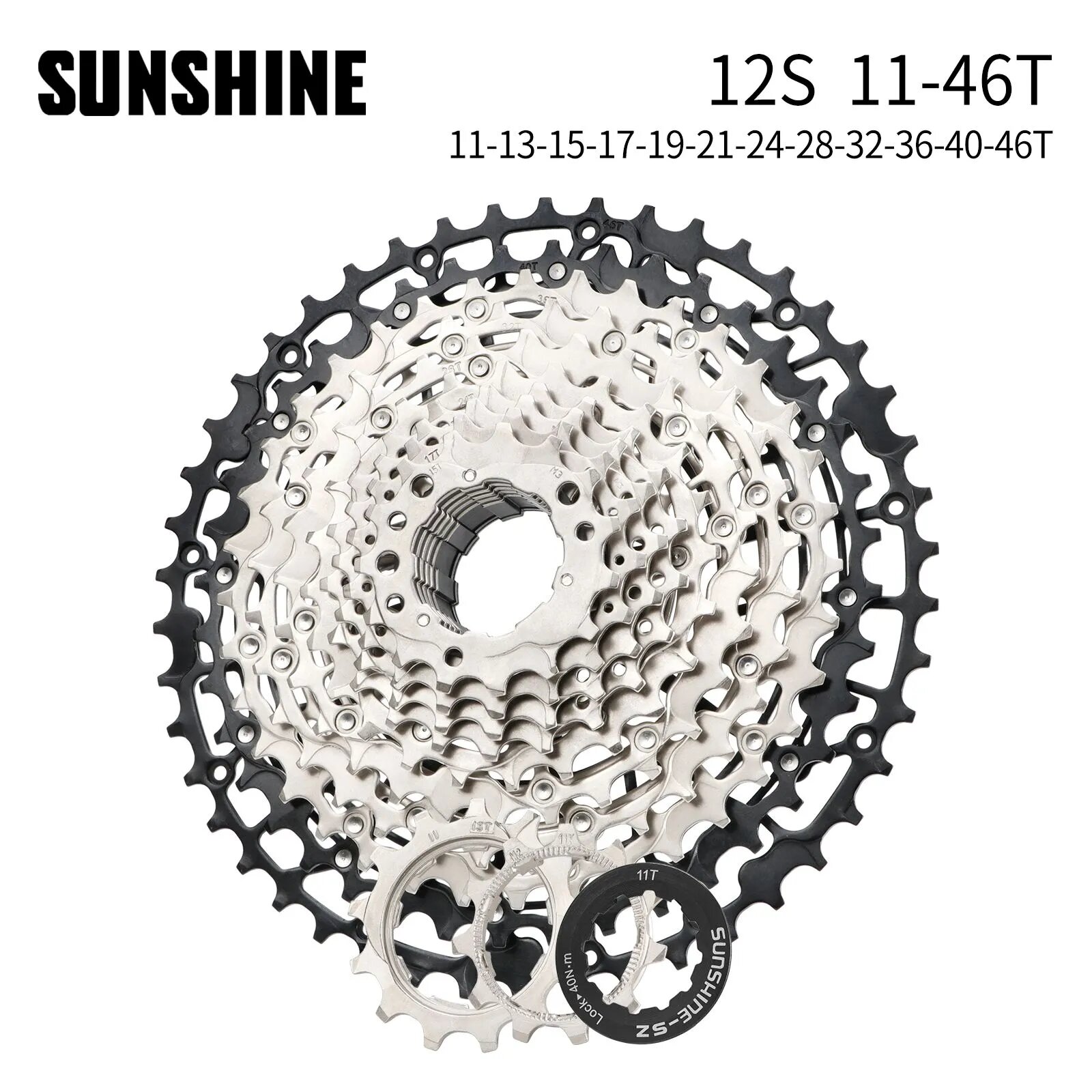 Кассета для велосипеда SUNSHINE 11-46T, 12 скоростей Велосипед Маховик с картой HG, (Чёрный+Серебро), 489 г.