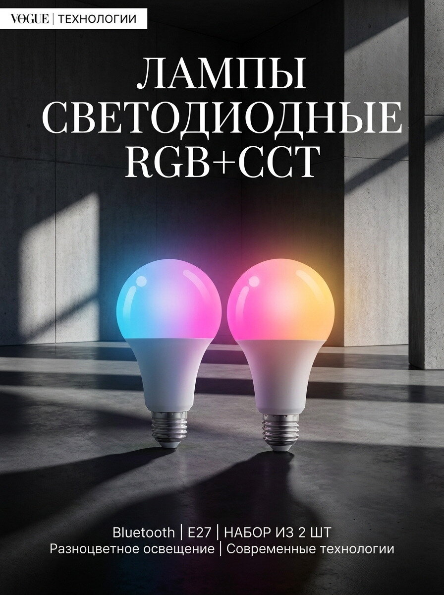 Лампы светодиодные RGB+CCT, Bluetooth, E27, 1 набор из 2 шт