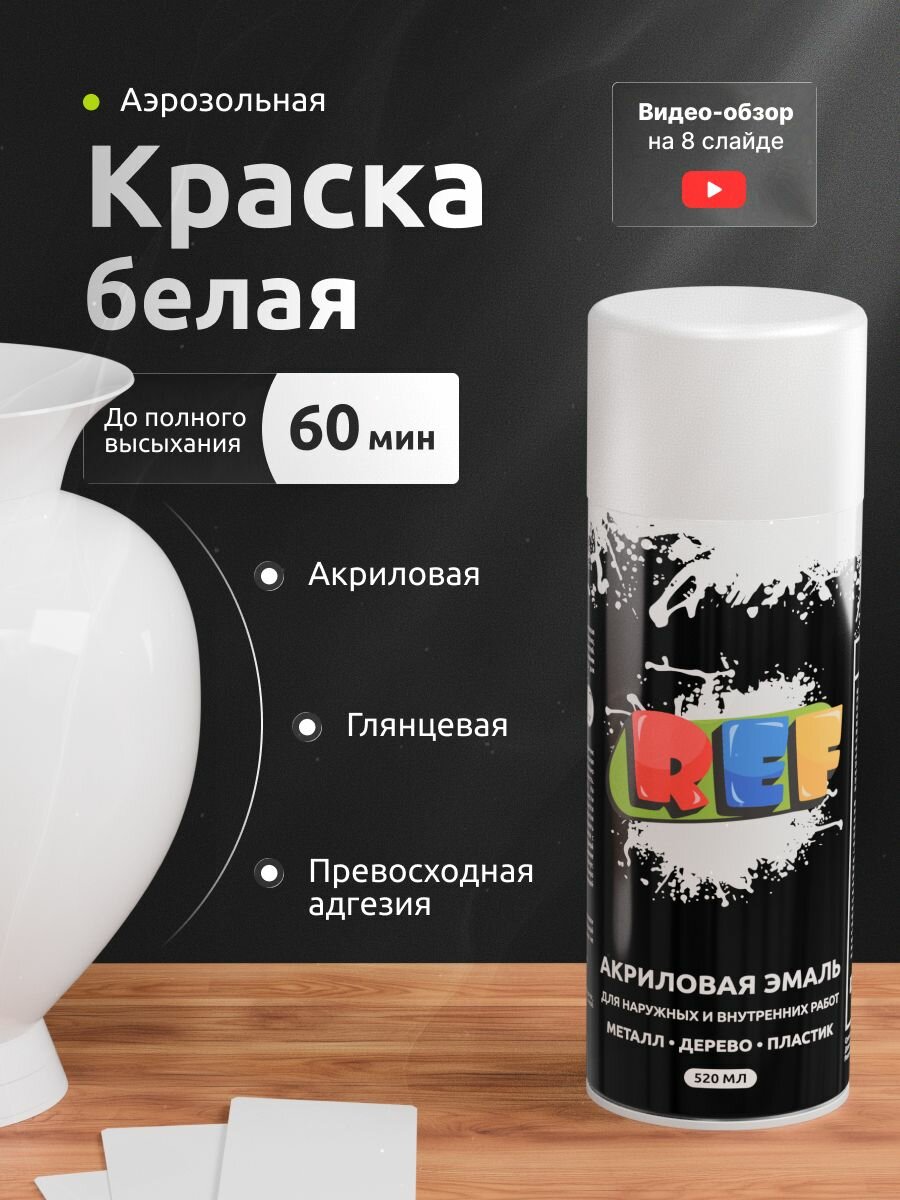 Краска в баллончике белый глянцевый REF/ универсальная быстросохнущая эмаль аэрозольная 520 мл для декора, мебели, дерева, металла, пластика и стен аэрозольная краска эмаль универсальная