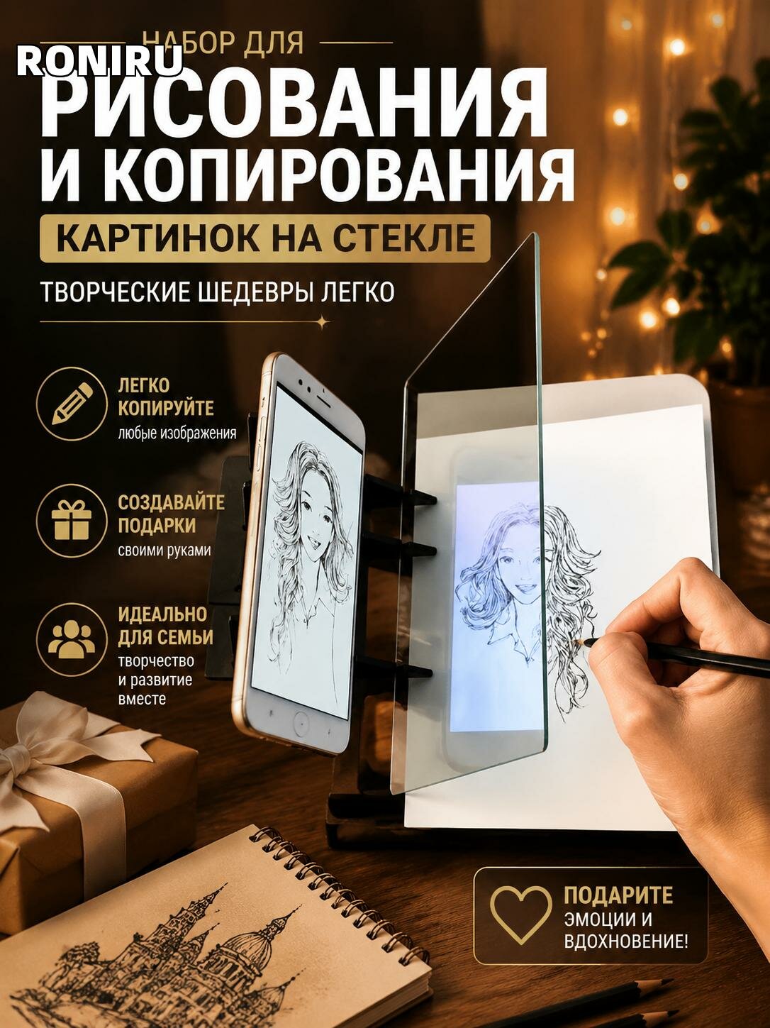 Набор для рисования и копирования картинок на стекле — творческий набор для семейных вечеров и hand made подарков
