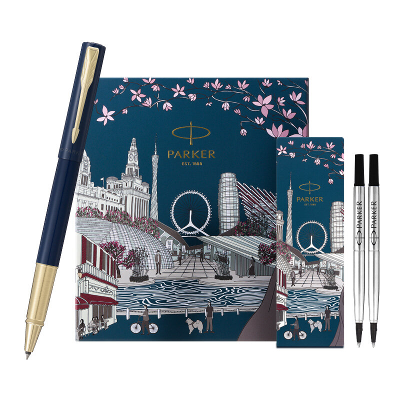 Ручка-роллер унисекс Parker City Stroll Gem Pen Box, Field Green/Sunset Red/Sky Blue, Wycombe Abbey XL Skyline Blue Champagne Gold Clip Rollerball Pen + City Walk Rollerball Pen Gift Box