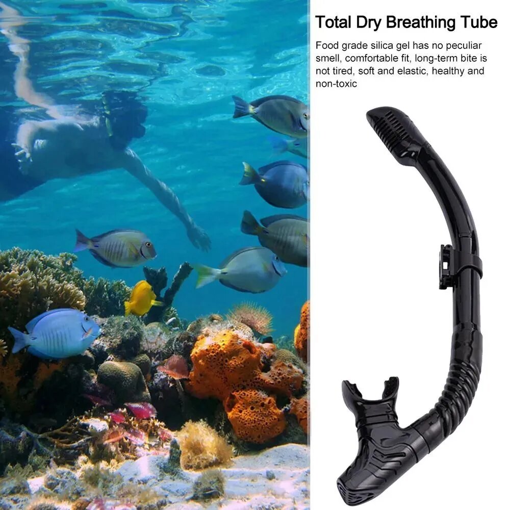 Трубка для плавания Total Dry Breathing Tube из пищевого силикона, черная, взрослая — фото 1