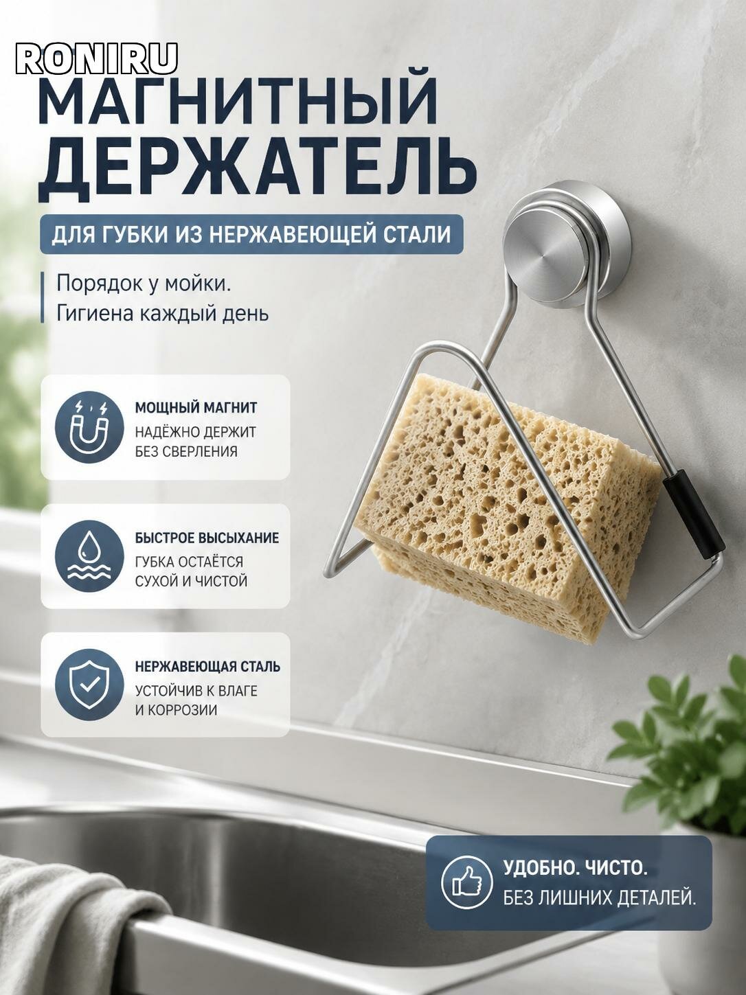 Магнитный держатель для губки из нержавеющей стали — удобное крепление для раковины, быстрое высыхание