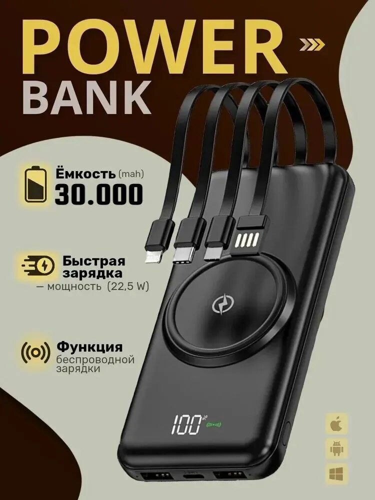 Повербанк 30000 мАч с беспроводной зарядкой, 4 встроенных кабеля, быстрая зарядка 22,5 Вт для поездок и путешествий