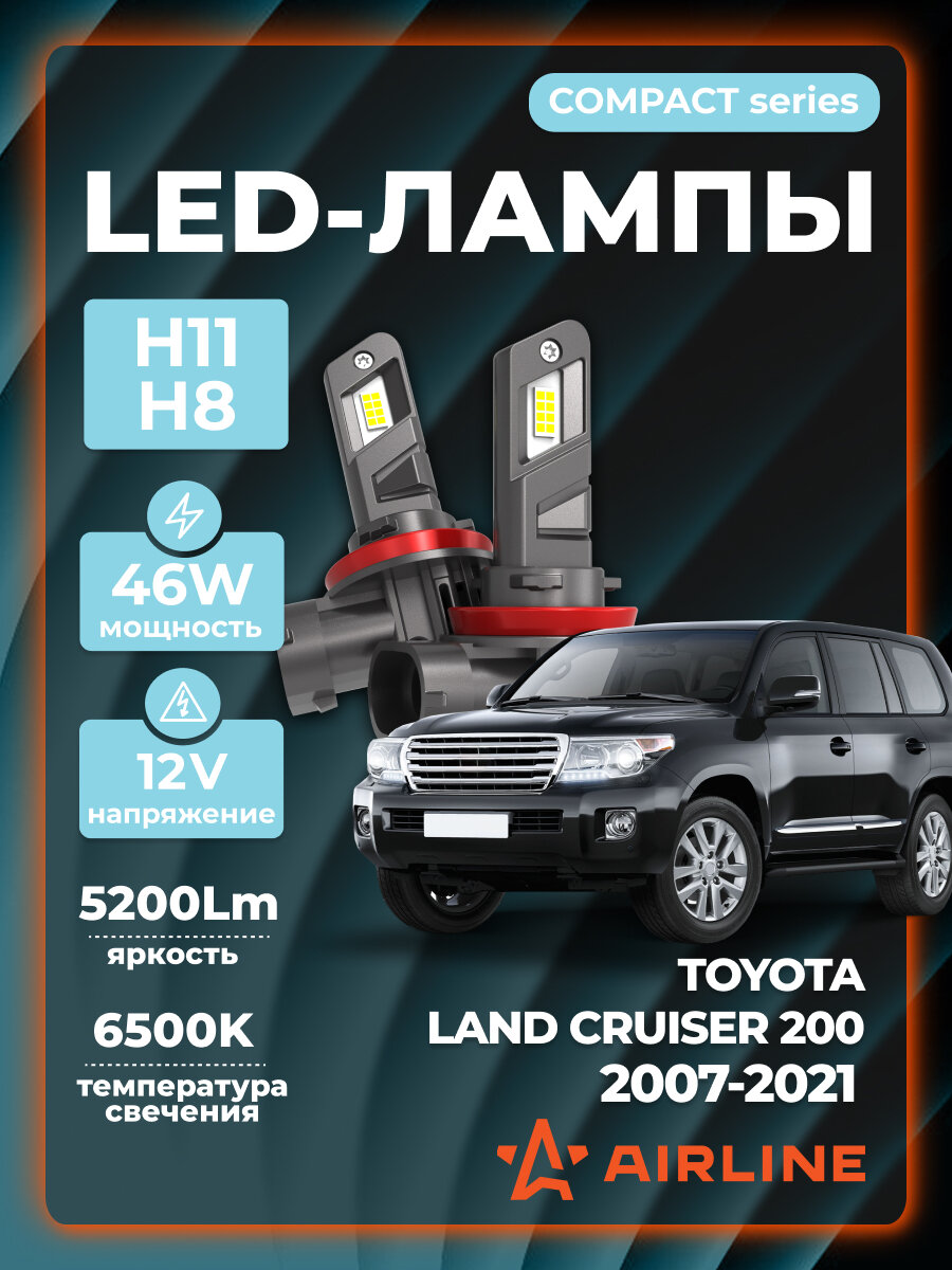 Лампы светодиодные H11/H8 COMPACT для Toyota Land Cruiser 200 (2007-2021) ближний свет, 46W, 12В, 6500K, 5200Лм, комплект 2 шт. / Компактные лед лампы Н11/Н8, автосвет на Тойота Ленд Крузер