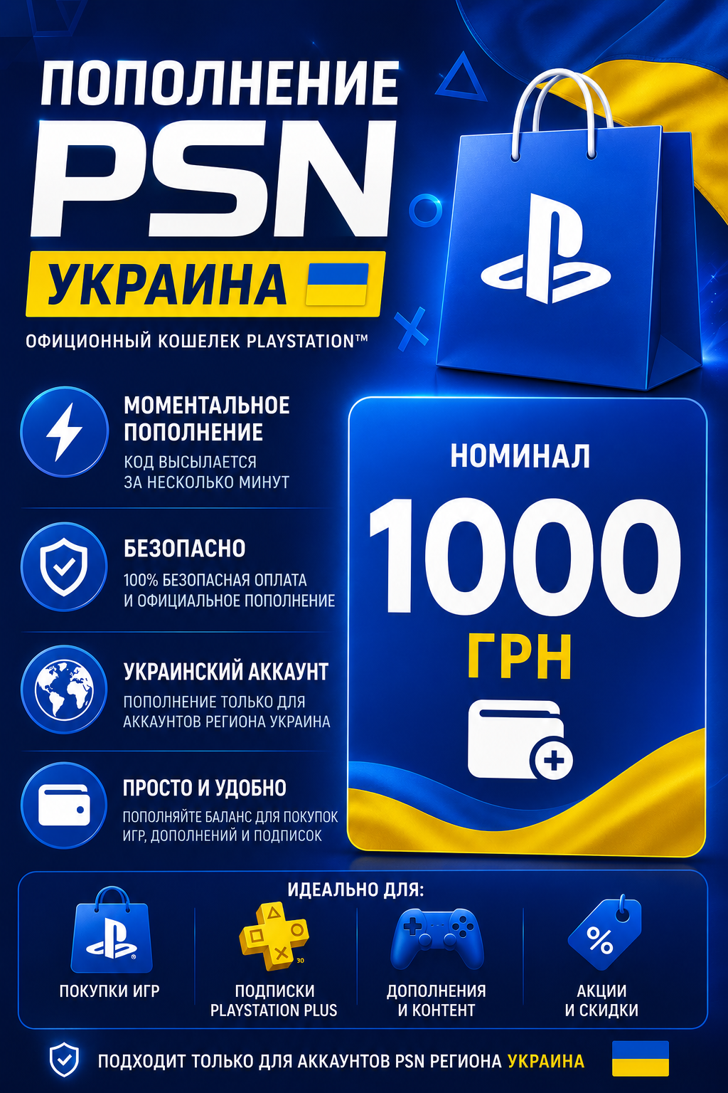 Пополнение счета PlayStation Store, 1000 гривен, Украина, PSN