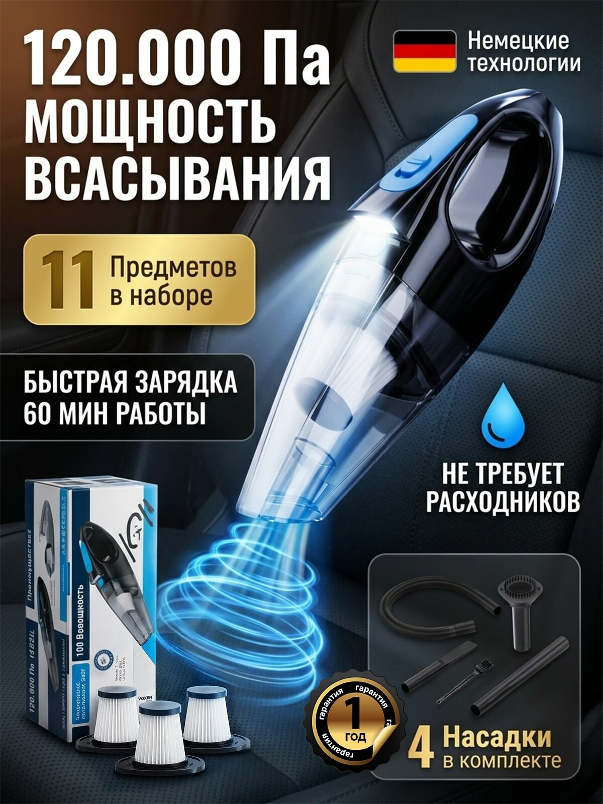 Автомобильный пылесос беспроводной 120000 Па мощный для машины и дома, 90 мин работы, 4 насадки, HEPA фильтр + коробка в подарок