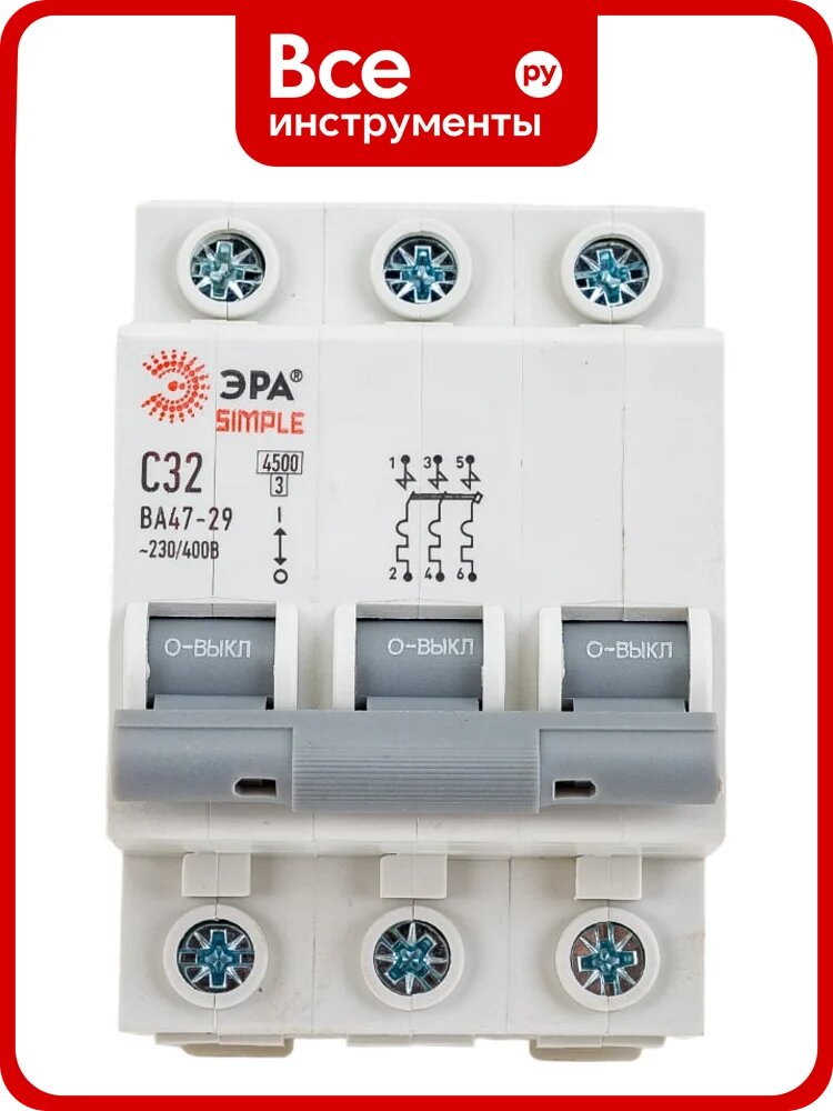 Автоматический выключатель ЭРА SIMPLE ВА 47-29 3P 32А C 4,5кА Б0039241 модульный тип, монтаж на DIN-рейку, серый корпус