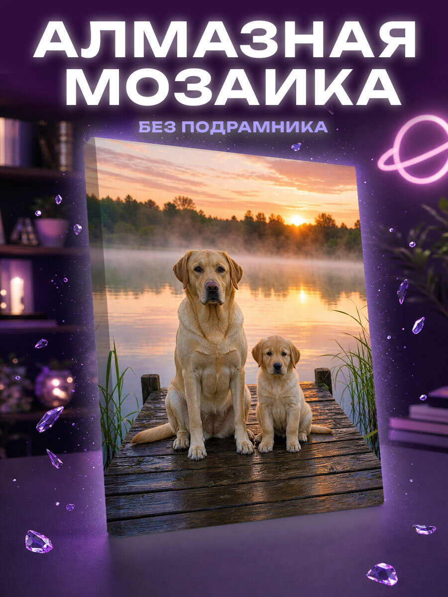 Алмазная мозаика палевый лабрадор и щенок на причале