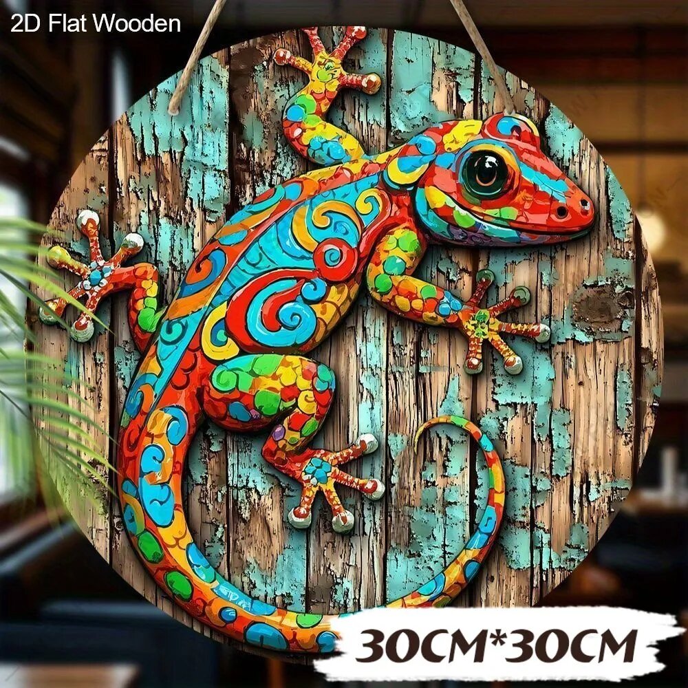 30cm*30cm, Деревянный декор "Красочная ящерица",2D-декор с яркой ящерицей в стиле мексиканского фолк-арта