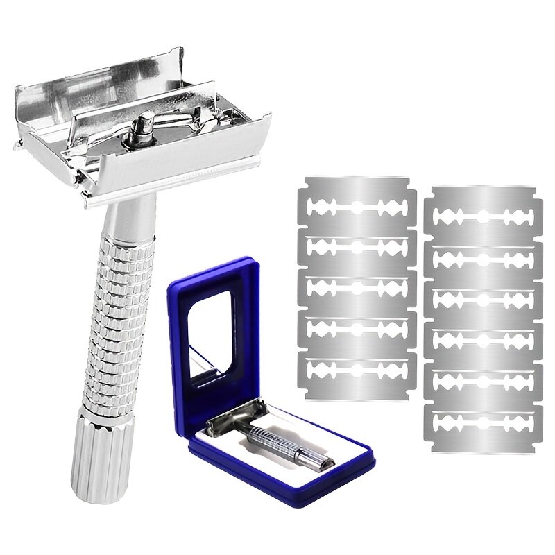 Мужская старомодная ручная бритва с вращающимся механизмом, серебристая, двусторонний держатель лезвий, в комплекте 11 лезвий и футляр