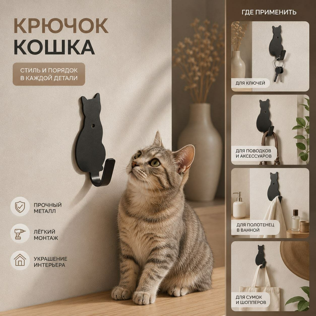 Крючок настенный металлический Кошка