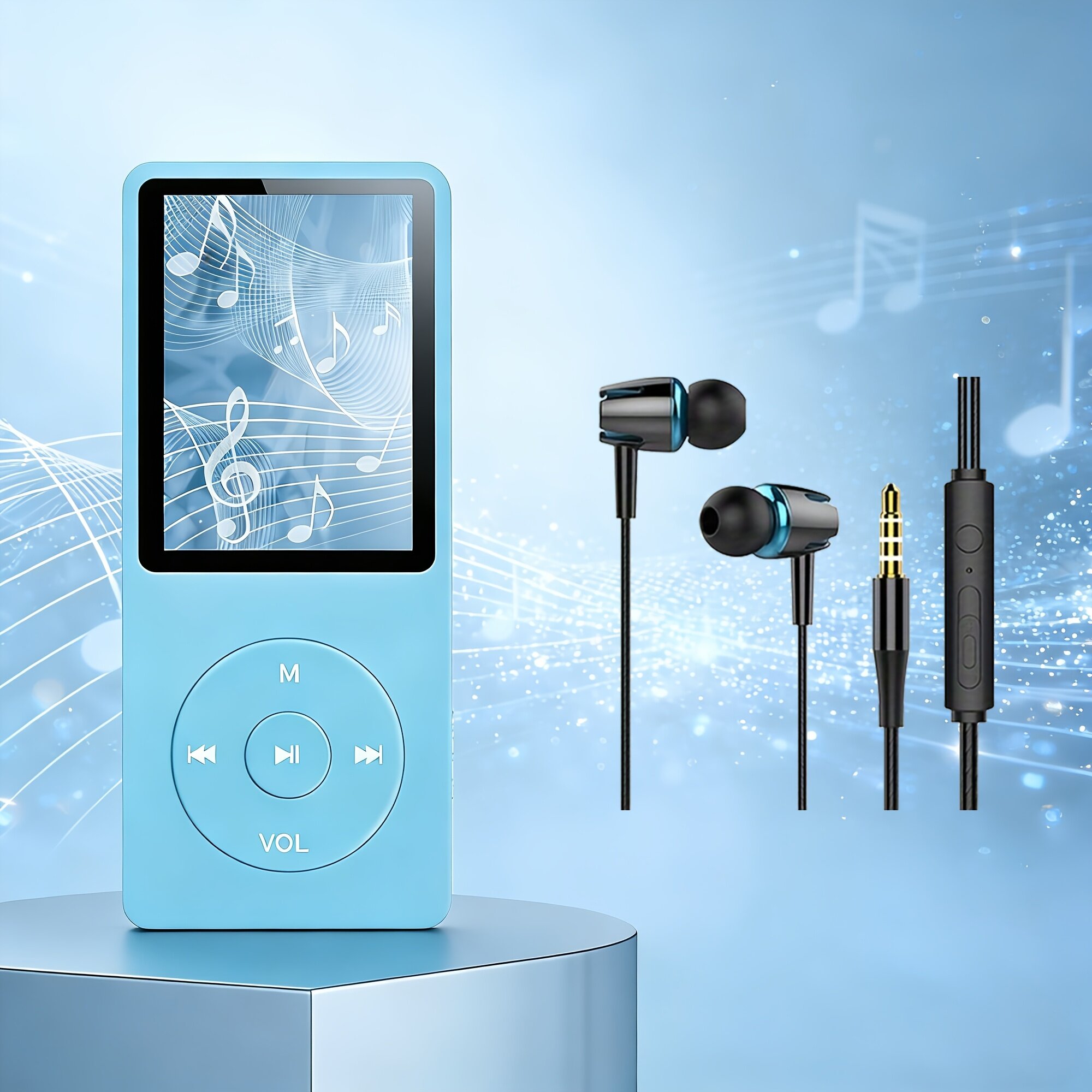 MP3/MP4 плеер с проводными наушниками, 1,8-дюймовый LED-экран, поддержка видео, записи и электронных книг, большой аккумулятор, светло-голубой
