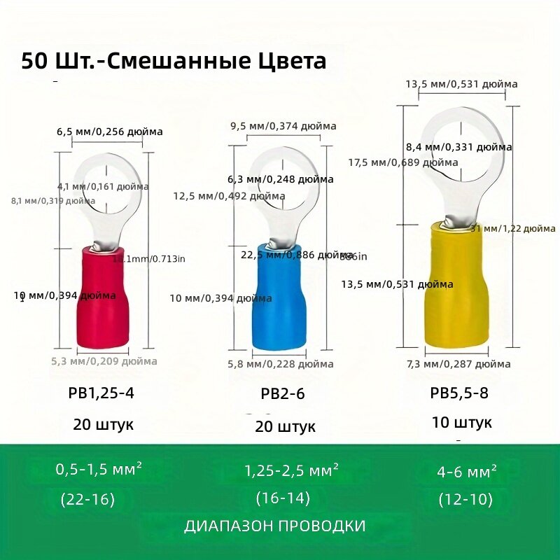 Клеммы кольцевые изолированные обжимные для проводов 50 шт 22-16 16-14 12-10 AWG DC для панельного монтажа